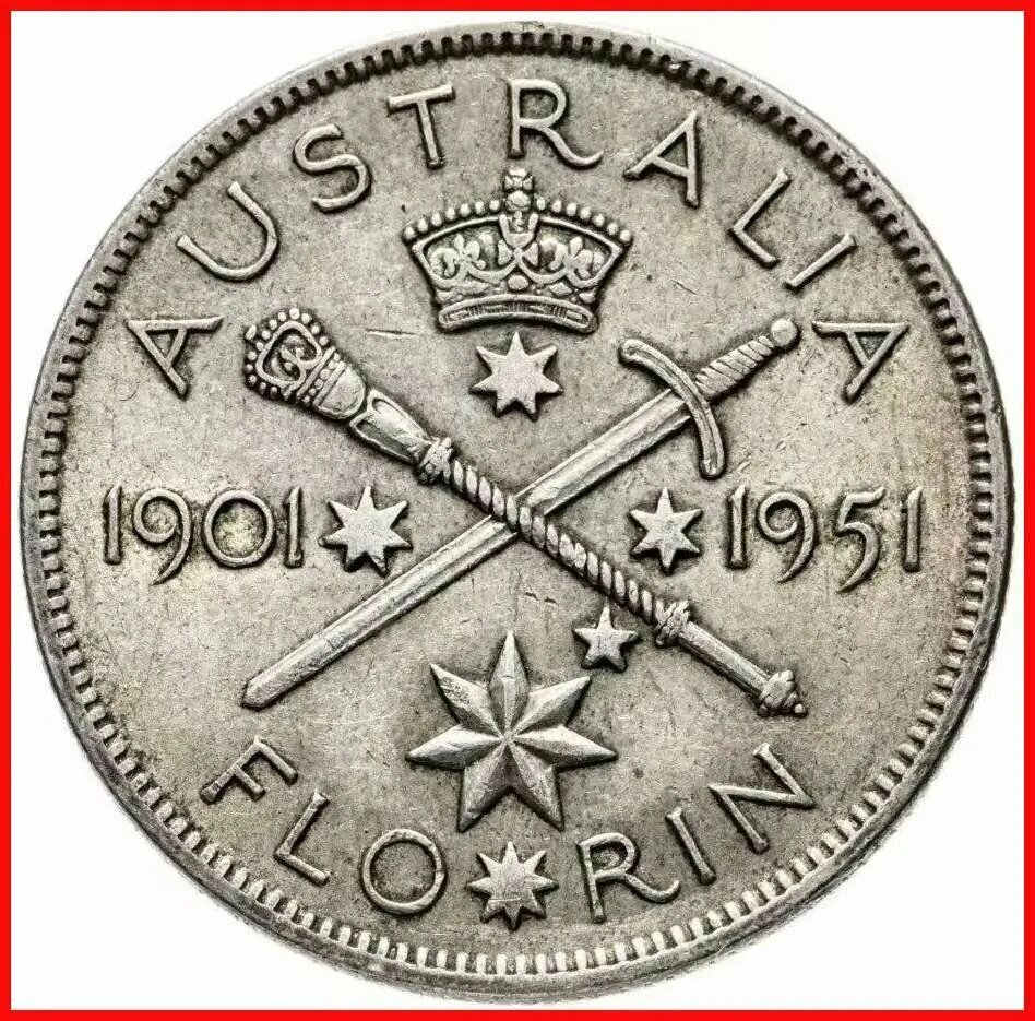 Австралия 2 шиллинга (флорин) 1951 года "50-летие Австралийского Союза", серебро 500 пробы 11,31 г, сохранность XF
