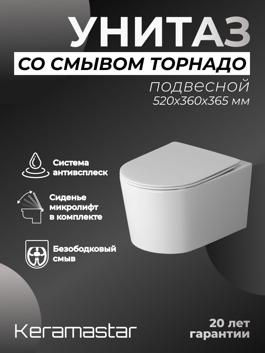 Унитаз подвесной безободковый со смывом торнадо с тонкой крышкой