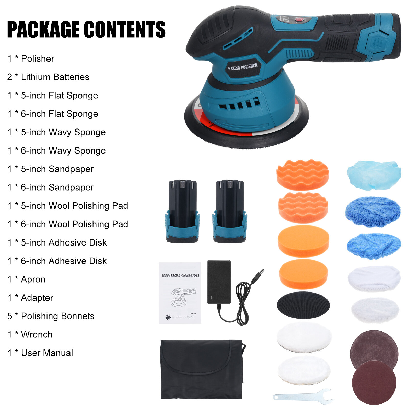Беспроводной комплект для полировки автомобиля, 5/6 дюймов, автомобильный полировальный станок с двумя аккумуляторами 12 В, 8 скоростей, 2800–5500 об/мин, электрическая полировальная машина для автомобилей, лодок, полировки воском