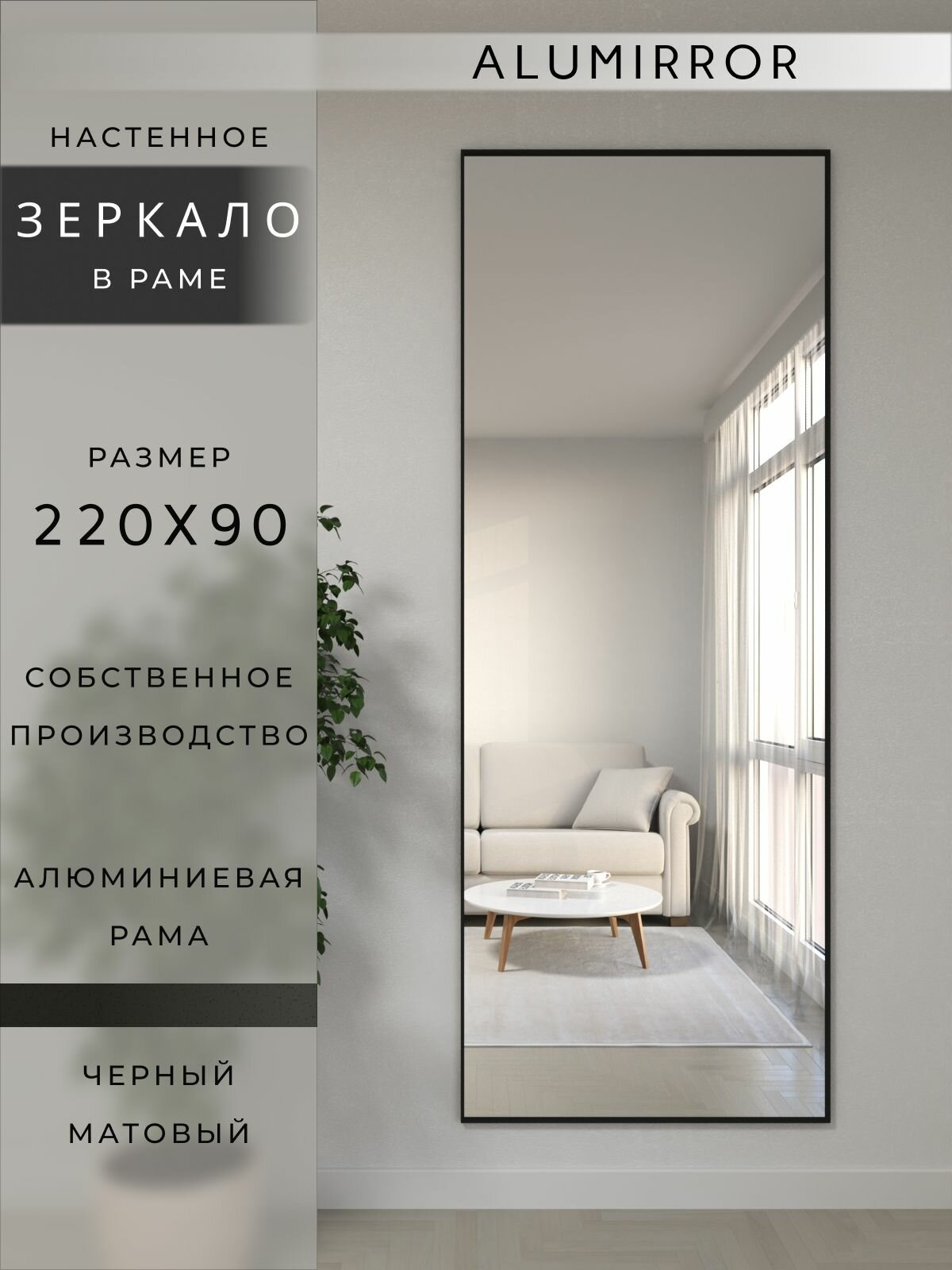 Зеркало настенное 220х90 см. черное в алюминиевой раме интерьерное ALUMIRROR