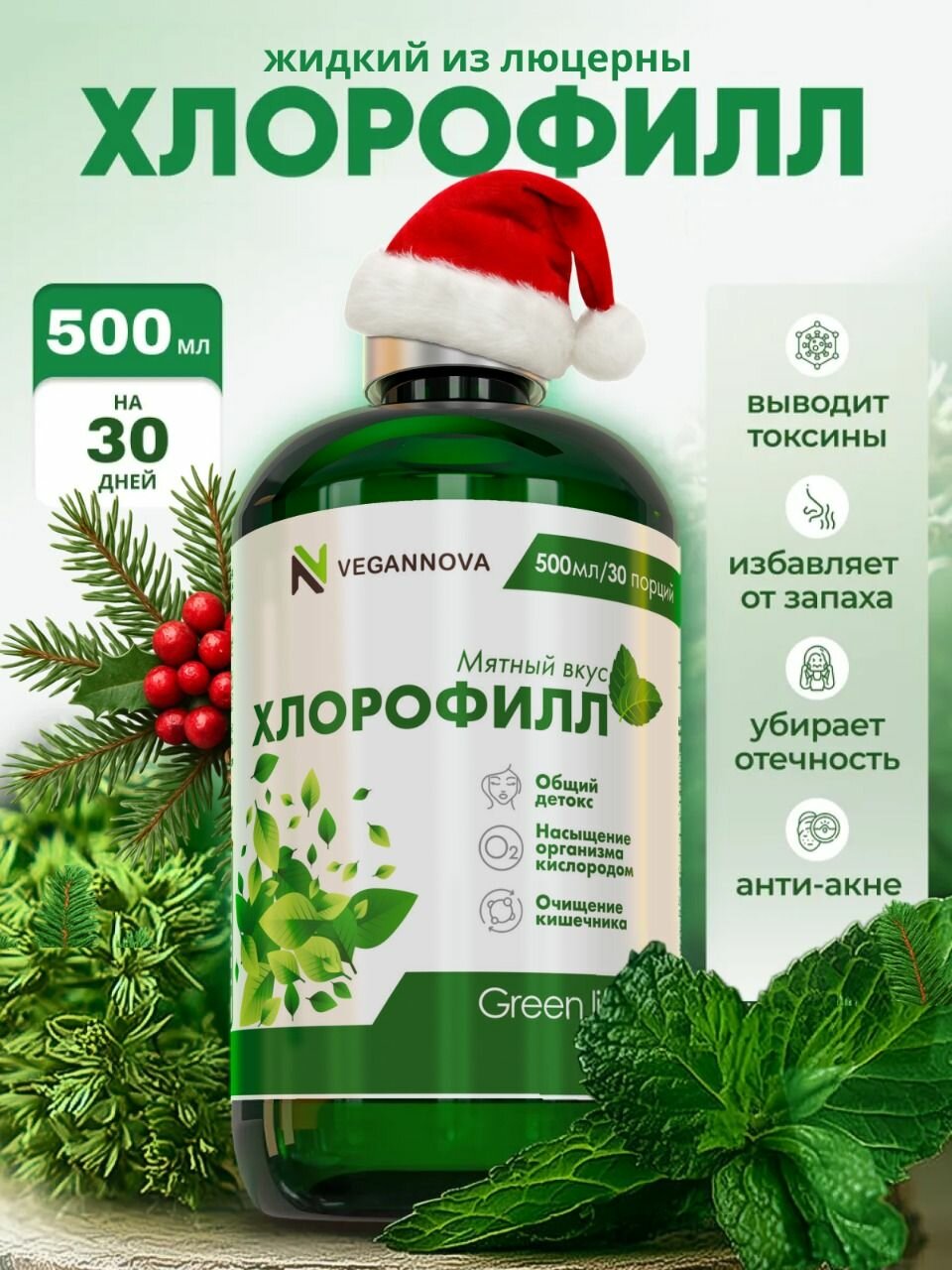 Хлорофилл жидкий со вкусом мяты, 30 порций, 500 мл