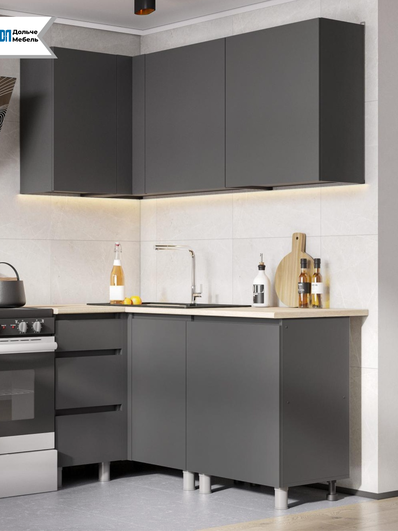 Кухонный гарнитур угловой Денвер 160х100 см, модульная кухня без столешницы, цвет графит серый