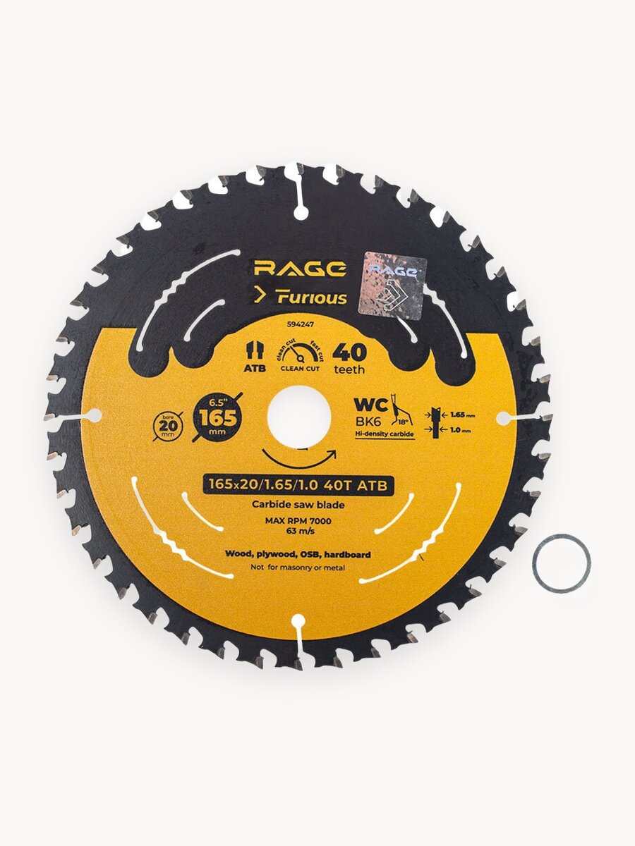 Диск пильный Clean Cut 165 мм (6 1/2") 40Z твердосплавный по дереву, фанере, МДФ, ламинату, чистый рез, посадка 20+16 мм, RAGE Furious, для циркулярной пилы