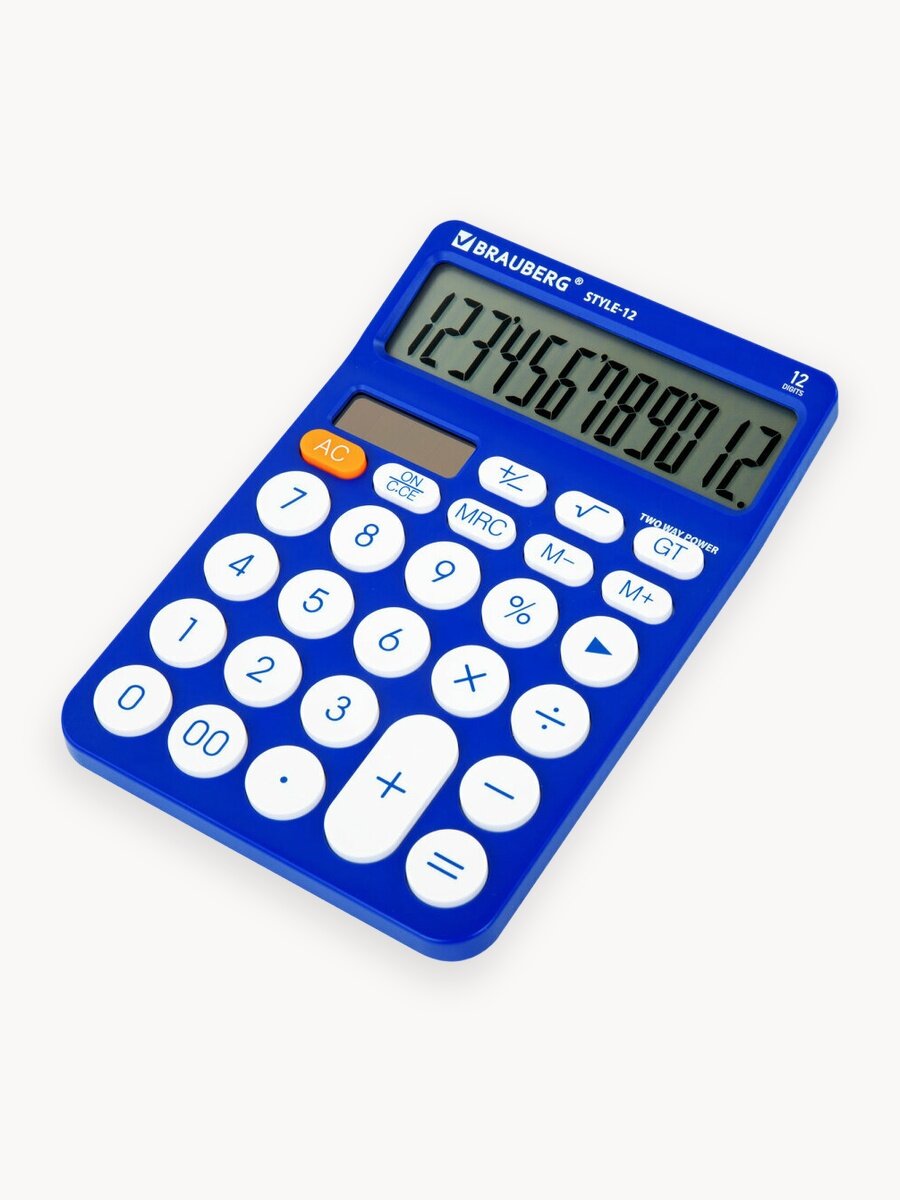 Калькулятор 12 разрядов бухгалтерский, 157х106 мм, с большими кнопками, двойное питание, синий, Brauberg Style, 272966