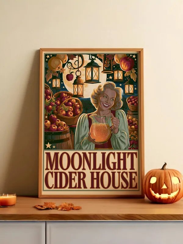Постер "Постер на холсте Moonlight Cider House, винтажный осенний принт с яблоками и сидром, настенный декор для кухни и кафе на Хэллоуин, ", 40х30 см