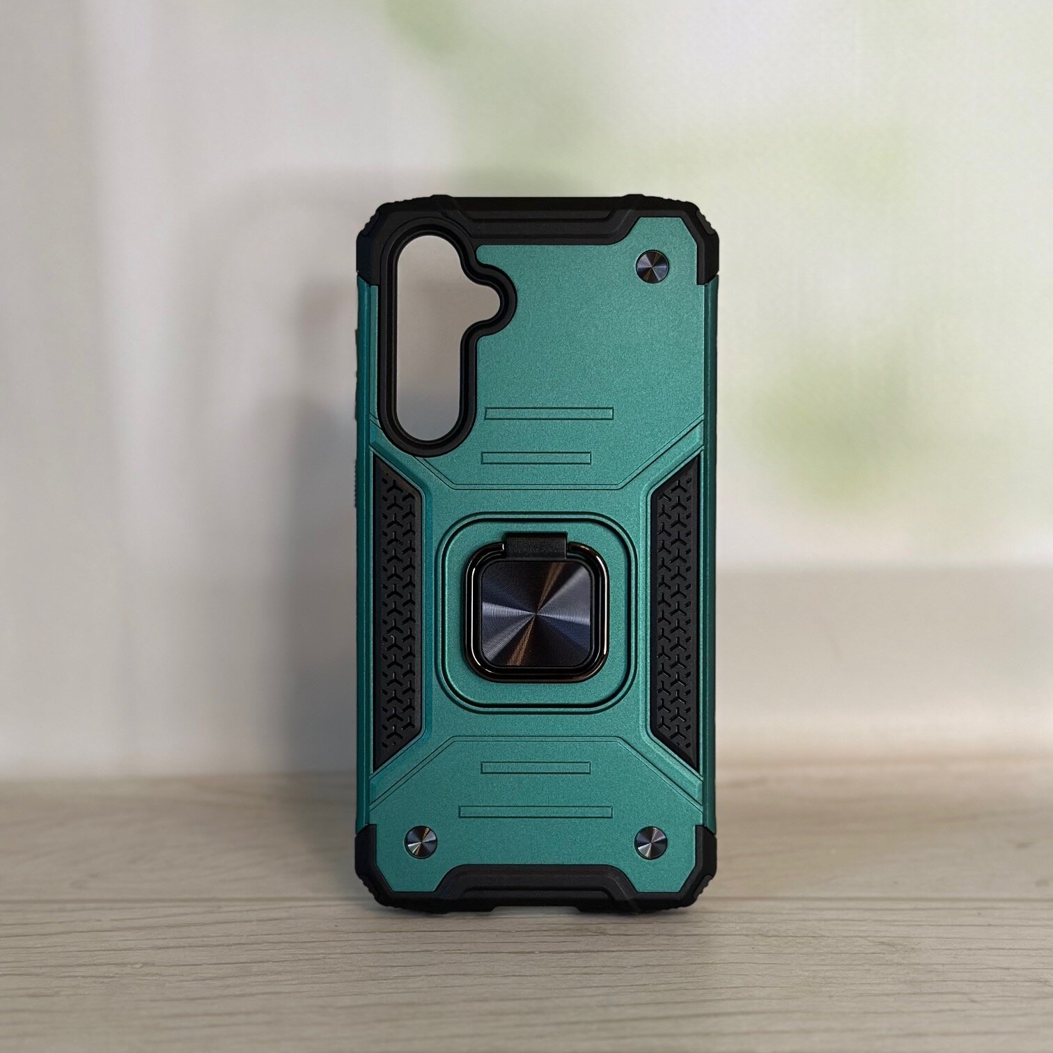 Противоударный чехол для Samsung Galaxy S23 FE зеленый с пластиной для магнитного автодержателя и кольцом подставкой