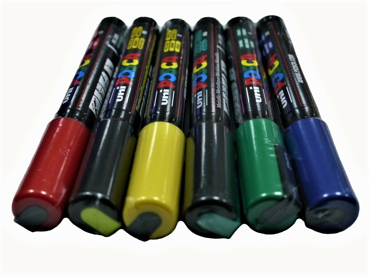 Маркер Uni POSCA PC-5 набор 6 шт. (зеленый, зеленый металлик, желтый, синий, флуоресцентно-желтый, красный)