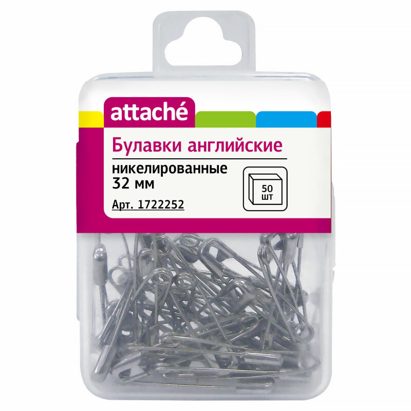 Булавки английские Attache, 32 мм, никелир.50 шт/уп, пласт. коробка, европодв 1722252