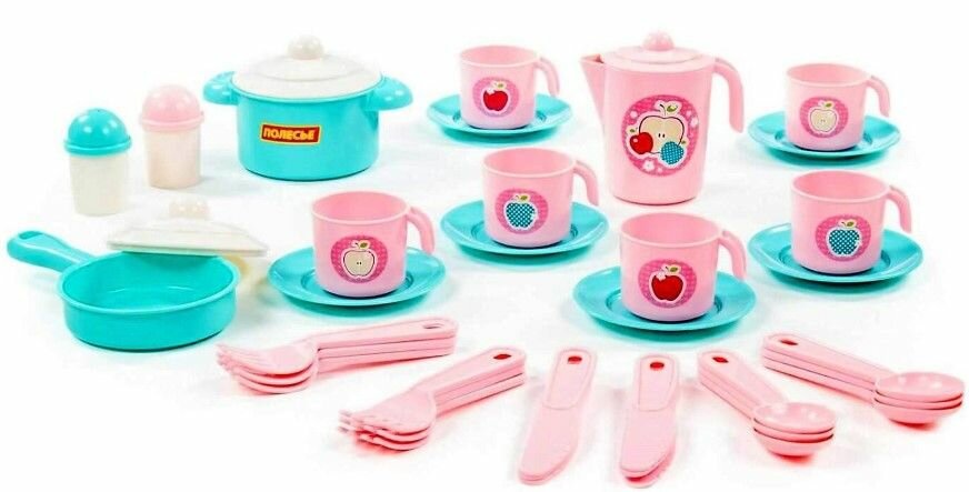 Детская игрушечная посуда "Настенька" сюжетно-ролевой набор для девочек на 6 персон, 38 элементов для юного повара