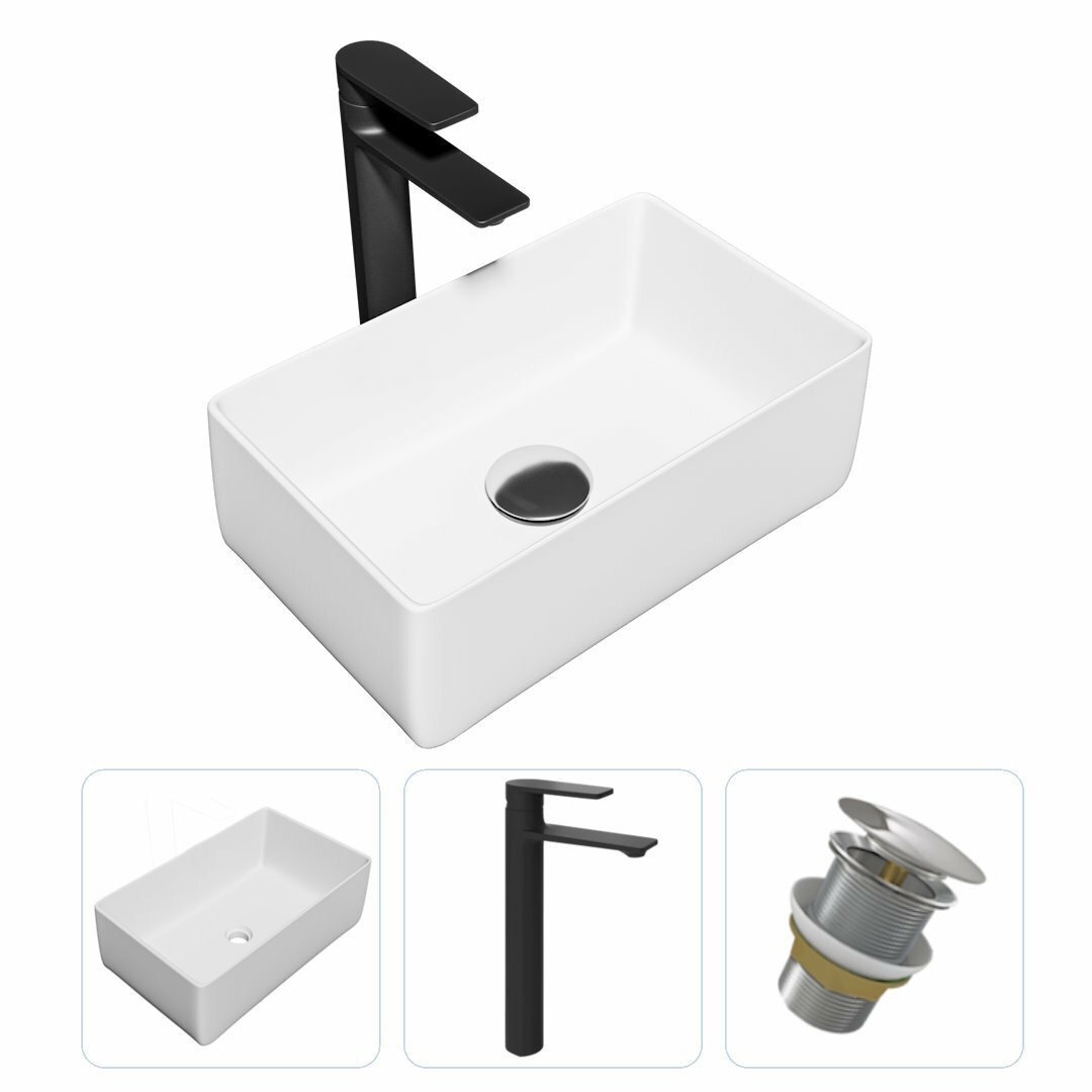 Раковина накладная для ванной Teymi Helmi Mini 38 в комплекте смеситель высокий черный матовый и донный клапан клик-клак без перелива хром F01863