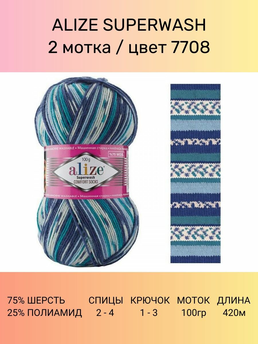 Пряжа ALIZE Superwash Comfort Ализе Супервош: 7708 (белый, синий), 2 шт 420 м 100 г, 75% шерсть, 25% полиамид
