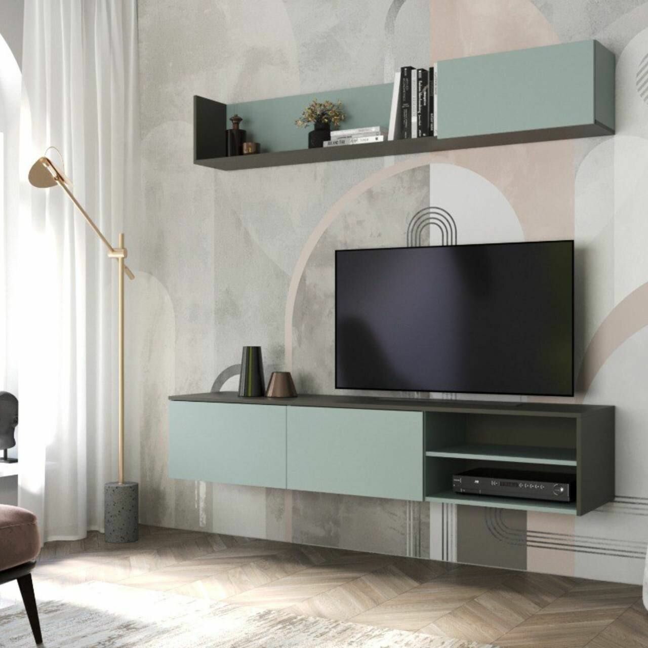 Стенка в гостиную вико, серый графит/сумеречный голубой