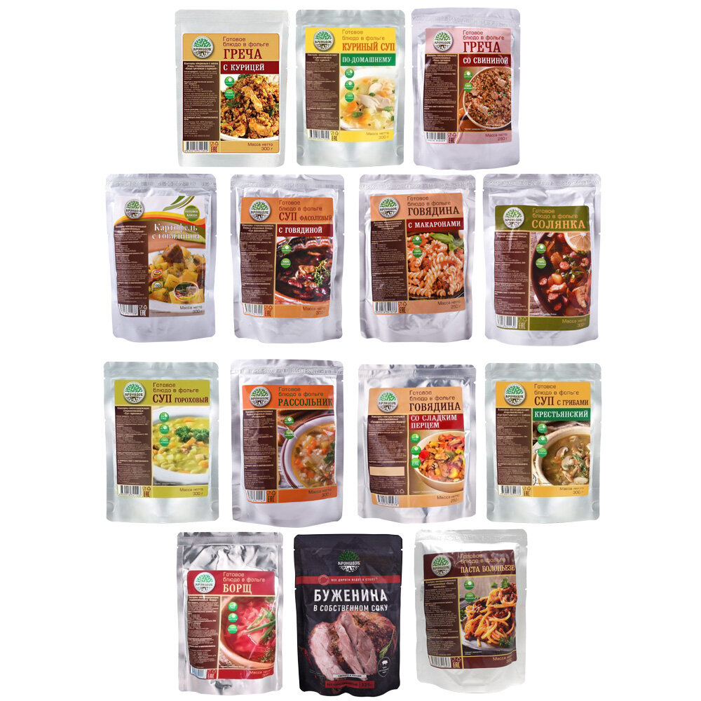 Набор 14шт, Готовый обед на 7дн:7супов(безМарок)+ГречСв, ГвМак, ГвПер, Буж, ПастБ, ГрКур, КартГв(Кронидов)