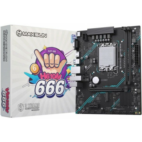 Материнская плата Maxsun H610M 666 WIFI6 D5, LGA 1700, Intel H610, 2xDDR5, 4xSATA, 1xM.2, 1xPCI-E 4.0 x16, 1xPCI-E x1, 1xHDMI, 1xDP, 1x 1Gb LAN, 3xUSB