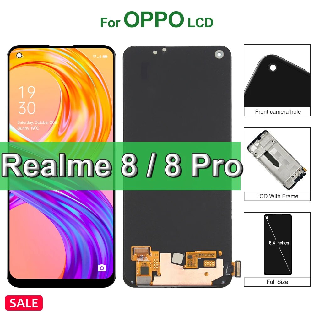 ЖК-дисплей 6,4 дюйма для Oppo Realme 8 / Realme 8Pro RMX3081, сенсорный экран со сканером отпечатков пальцев, сменный ЖК-дисплей для Realme8 RMX3085 8 NoFrame