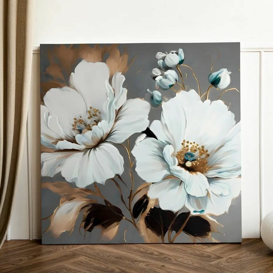 Картина для интерьера на холсте "Большие белые цветы" 50х50 см