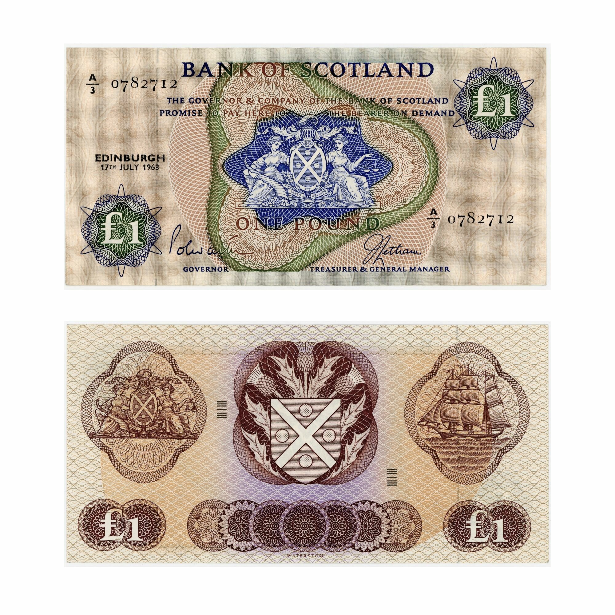 Банкнота Шотландия 1 фунт ONE POUND 1968 год (VF-XF) Pick 109