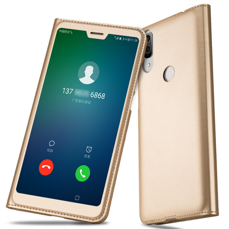 Чехол-книжка MyPads для Huawei Honor 7A / Play 7 / Y5 Prime 2018 / Y5 Lite 2018 / Y5 2018 / Enjoy 8E Lite с окном вызова предпросмотра позволяет просматривать звонки и сообщения не открывая крышку золотой