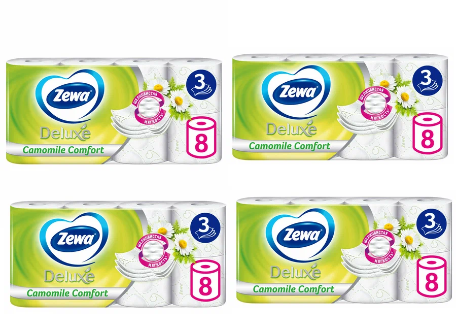 Туалетная бумага Zewa Deluxe Ромашка 3 слойная 8 штук, 4 уп