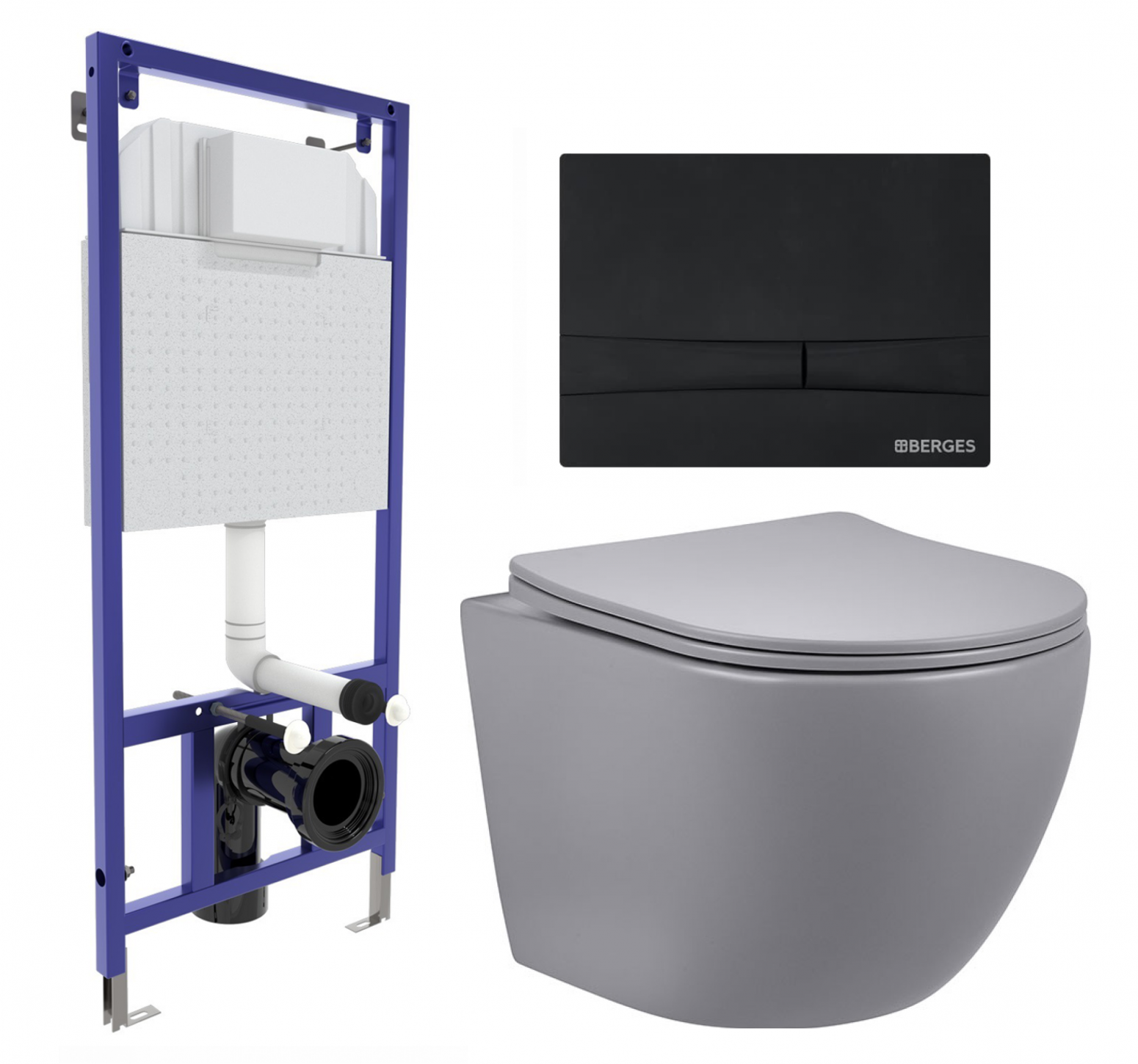 Комплект 3 в 1 инсталляция Berges Wasserhaus Novum 040255 + Унитаз подвесной Vincea Globo VT1-14SMG + кнопка черная