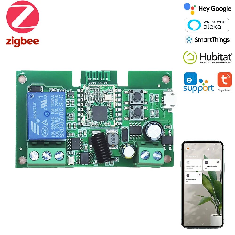 ZigBee 1-Gang 5V 12V 24V Smart Door Lock Inching Relay Switch, работает с Philips Hue, SmartThings, Alexa, Tuya, Ewelink Bridge
