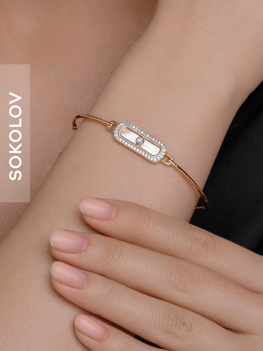 Браслет, красное золото, 585 проба, перламутр, бриллиант