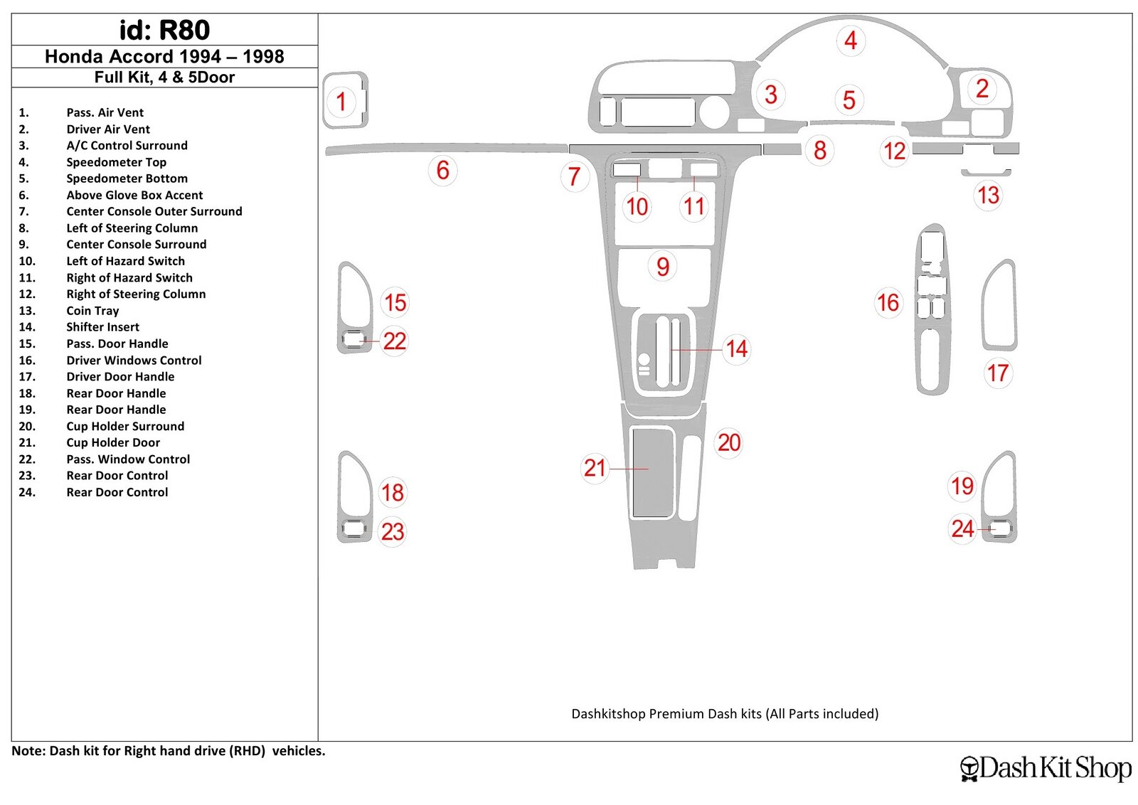 Накладки салона под дерево, карбон, алюминий для Honda Accord 1994-1998. Комплект R80.