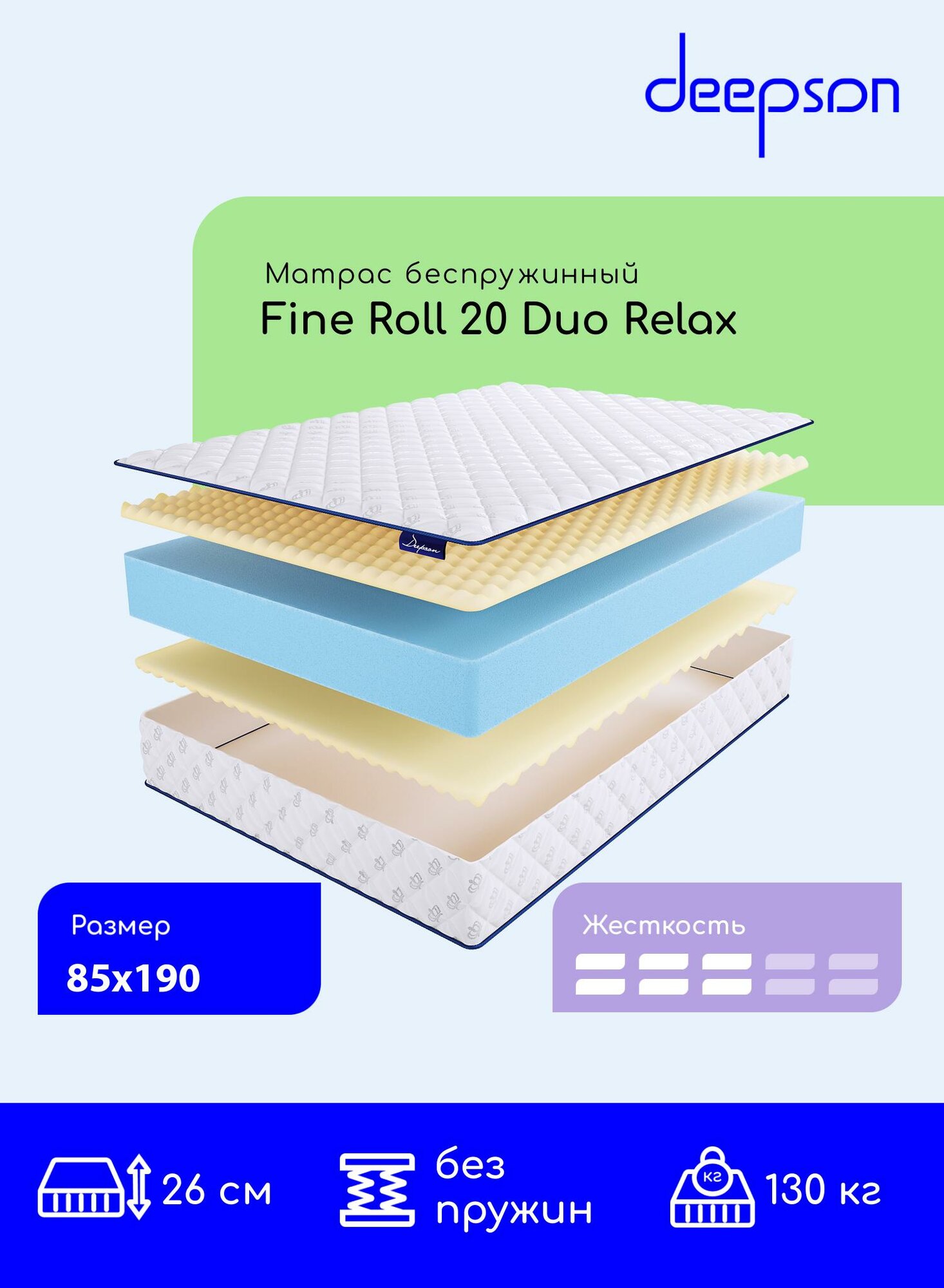 Матрас 85x190 ортопедический беспружинный Deepson Fine Roll 20 Duo Relax