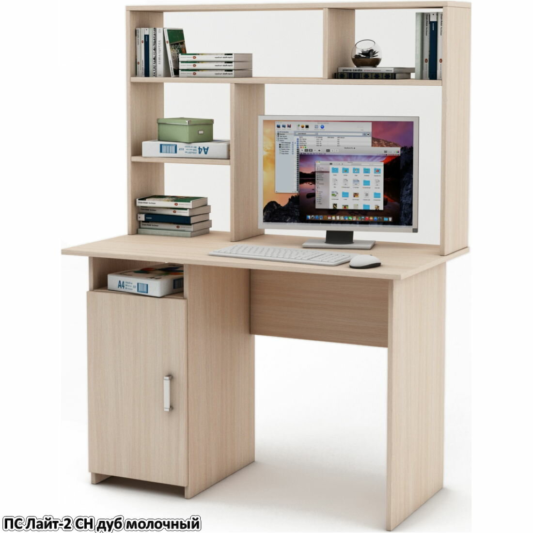 Письменный стол Лайт-2 с надстройкой Дуб-молочный, ЛДСП, МФ Владимир VMF, 110х149,2х60 см.