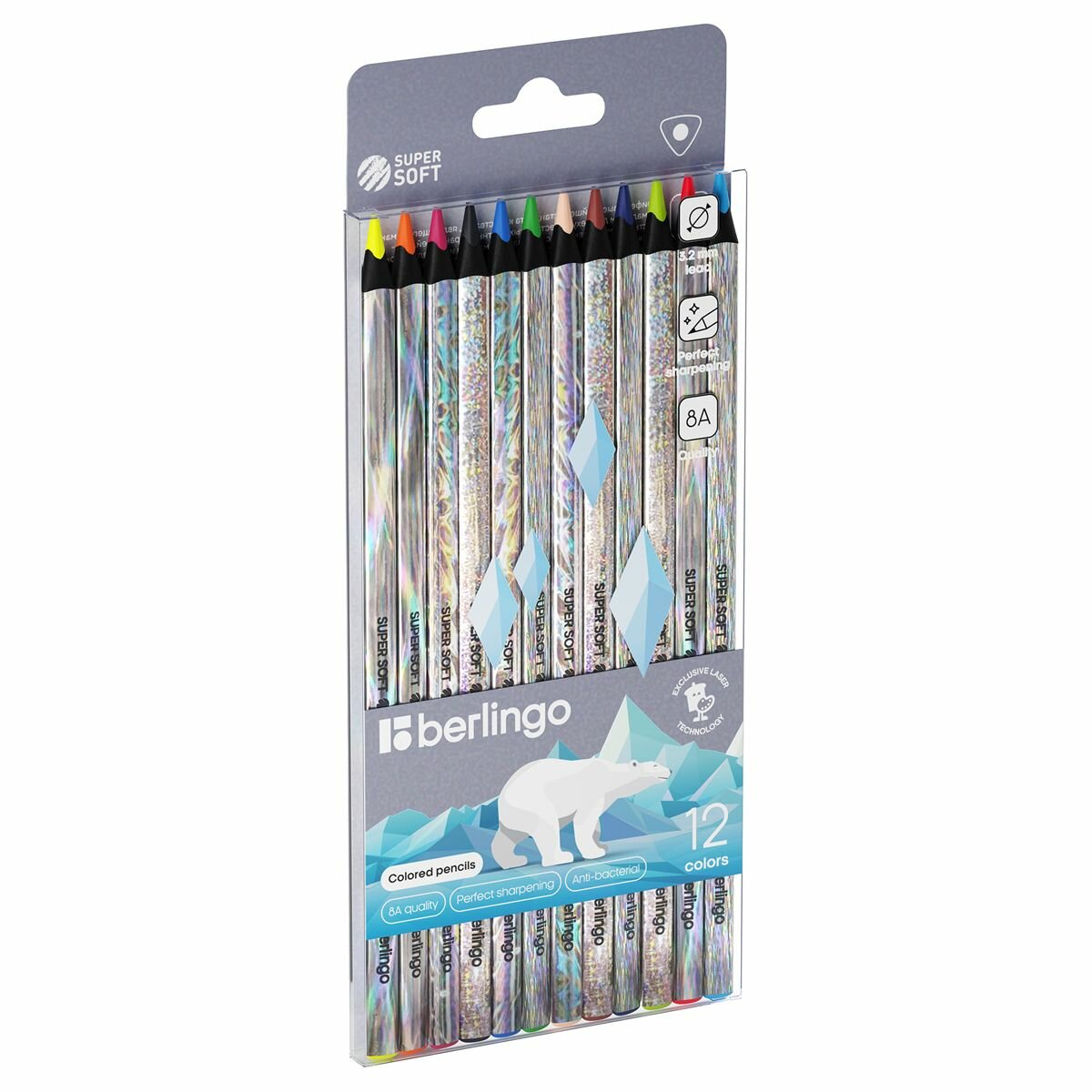 Карандаши цветные Berlingo "SuperSoft. Starlight", 12цв, трехгран, черное дерево, лазерная пленка, заточен, европодвес