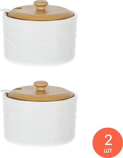 Сахарница с ложкой Nouvelle Home / Ноувелле Хоум Naturel в подарочной упаковке фарфор/бамбук белый 250мл / аксессуары для кухни (комплект из 2 шт)