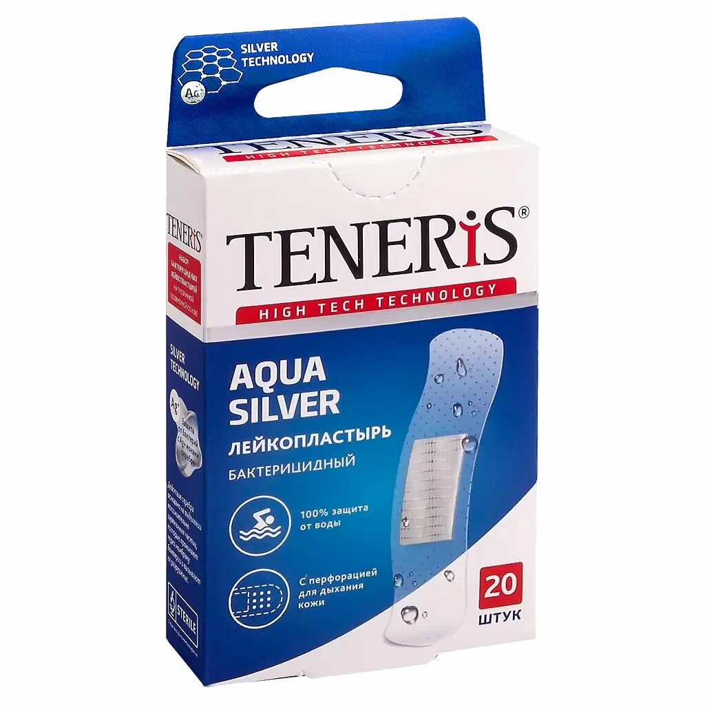 Лейкопластырь Teneris Аqua Silver бактерицидный с ионами серебра на полимерной прозрачной основе (76 х19 мм), 20 шт.