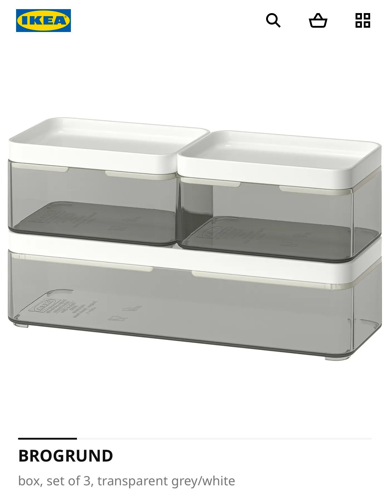 Коробки IKEA BROGRUND, набор из 3 шт, прозрачный/серый/белый