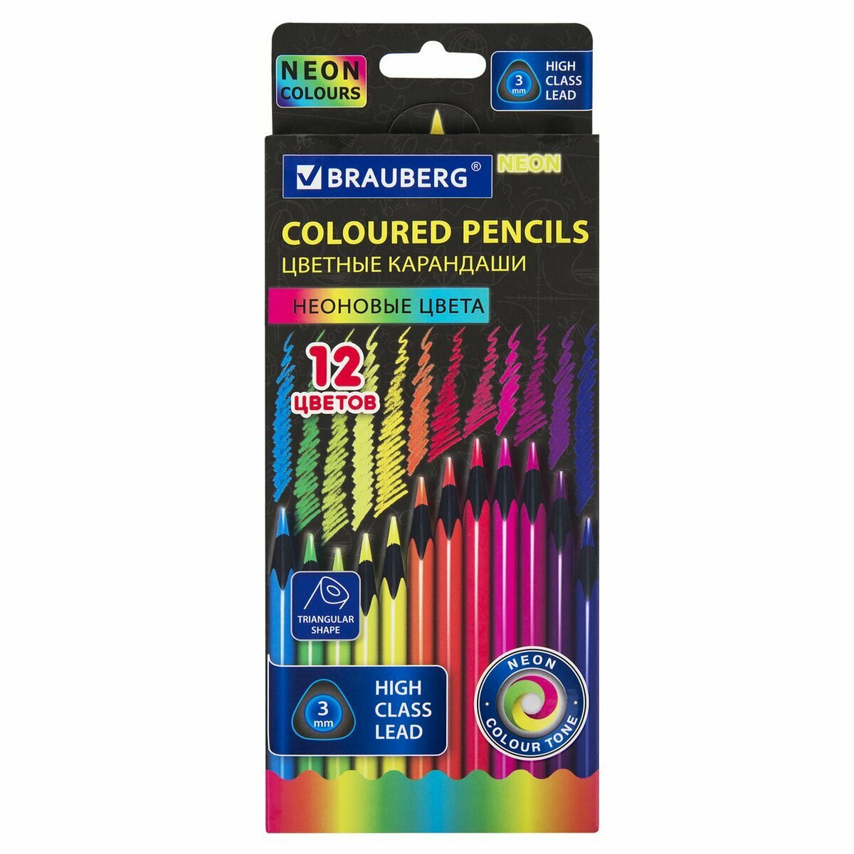 Карандаши цветные 12 цветов Brauberg Neon (L=176мм, неоновые цвета, черное дерево, 3гр) (181852)