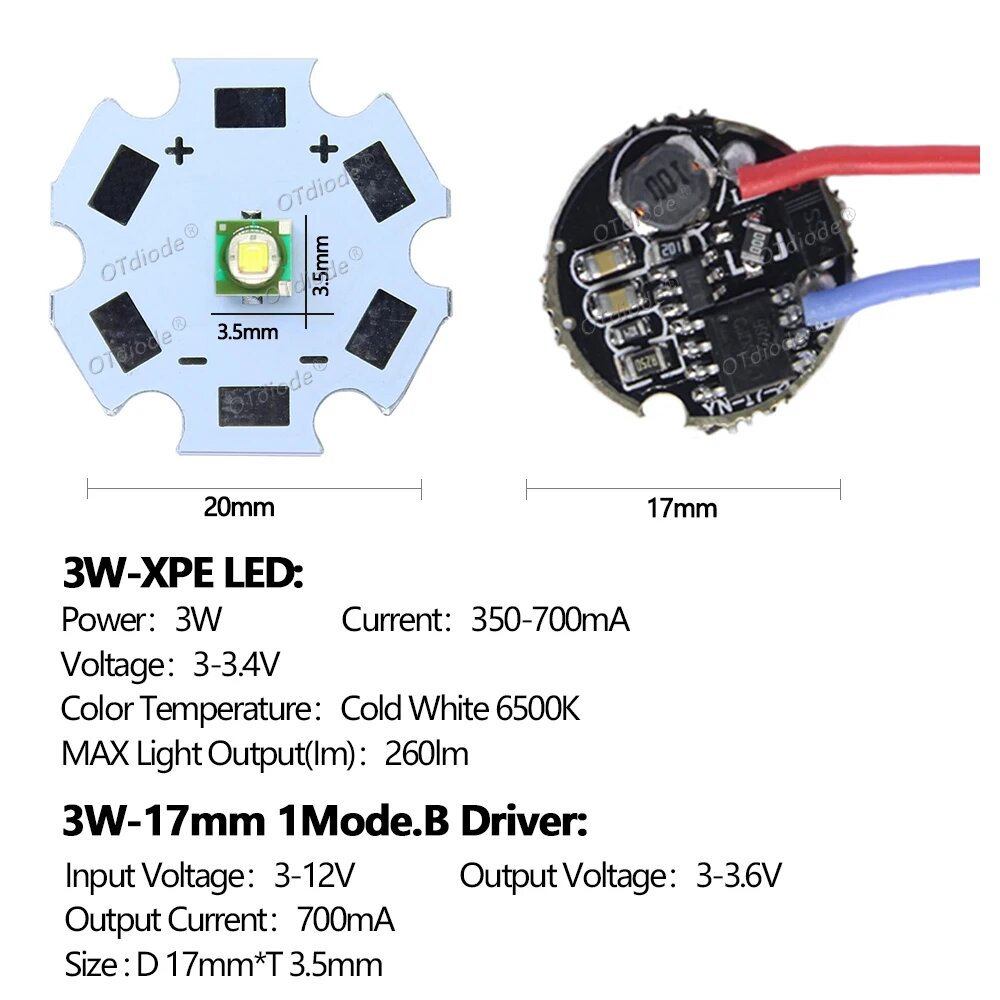 OTdiode Трансформатор освещения LED 3-36Вт Холодный белый 20mm XPE-17mm 12V, With 1 Mode, Cold White LED