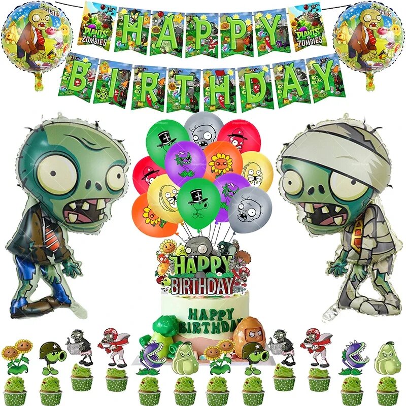 Воздушные шары с растениями против зомби, мультяшная игра PVZ, баннер с днем рождения для мальчиков, детский декор для вечеринки, фон для чашки, одноразовая посуда, игрушка