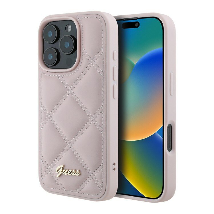 Guess чехол для iPhone 16 Pro, стёганая кожа+Script metal logo, розовый