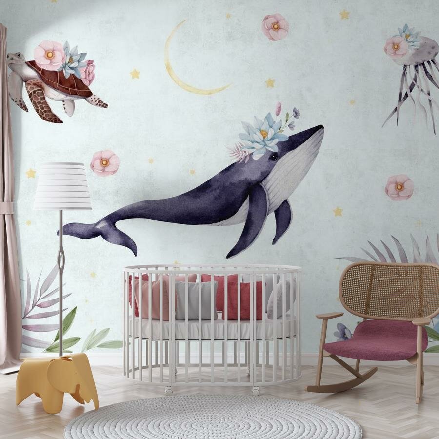 Фотообои Кит и цветы 12-1797-S-Холст 270 x 200 см (ВхШ) Бесшовные, флизелиновые, влагостойкие обои