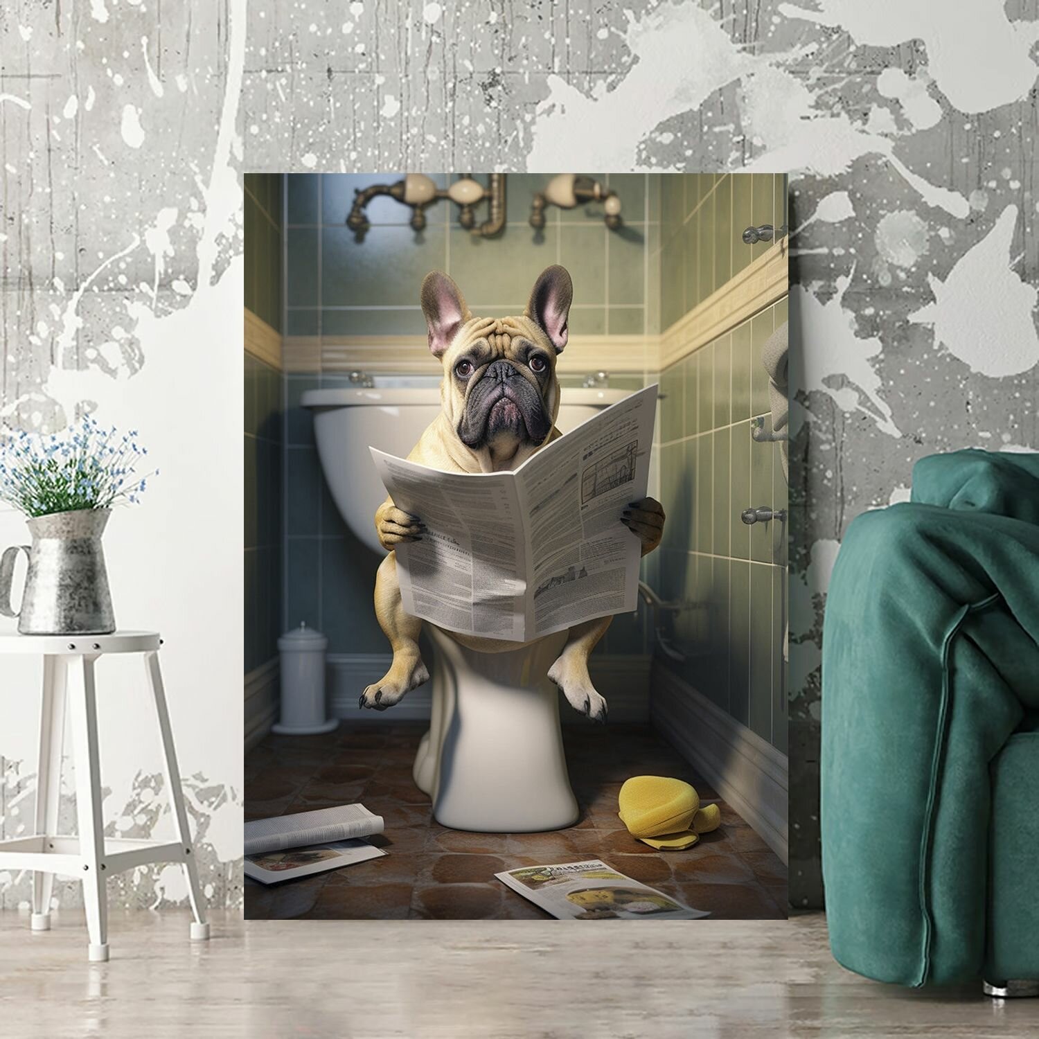 Картина в туалет, ванную комнату Французский бульдог читает, 20х30 см.