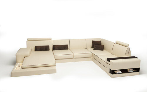 П-образный диван с декоративными вставками из дерева, подсветкой, 197х389х253 см, SITDOWN, "Морфеус", экокожа, бежевый
