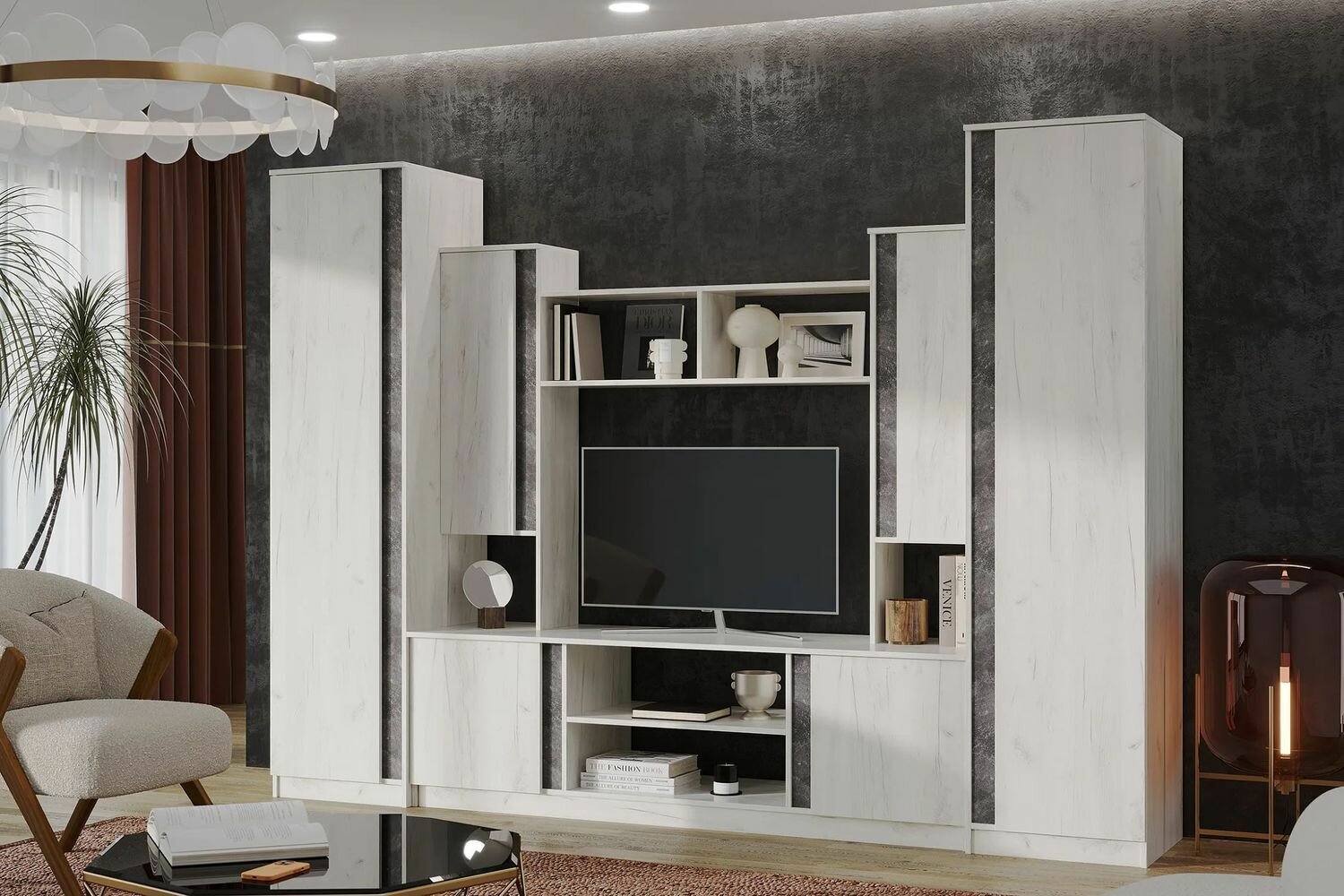 Стенка в гостиную Атлантида-5, мебель под телевизор, 280х201×51 см, Дуб крафт белый / Бетон тёмный