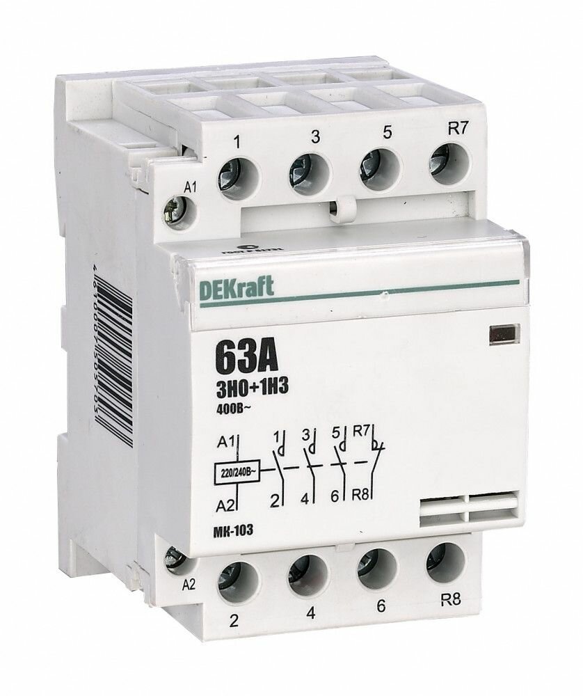 Контактор модульный DEKraft 4 нормально открытых контакта, номинальный ток 40 А, напряжение 230 В