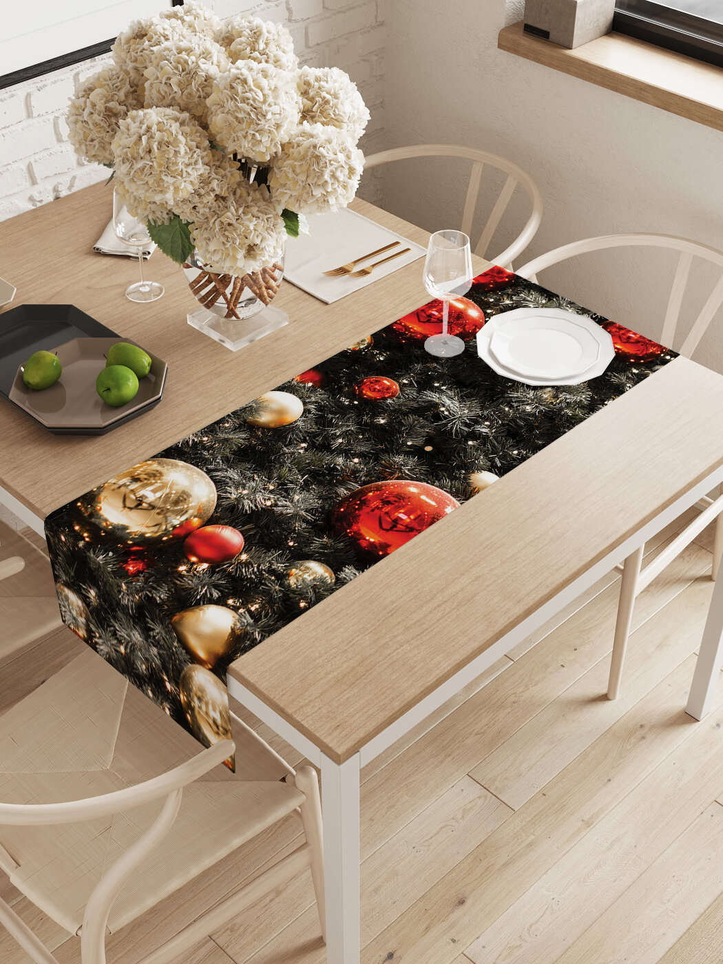 Декоративная водоотталкивающая дорожка для сервировки кухонная 145х40 "Ель в украшениях", JoyArty, серия Новый год