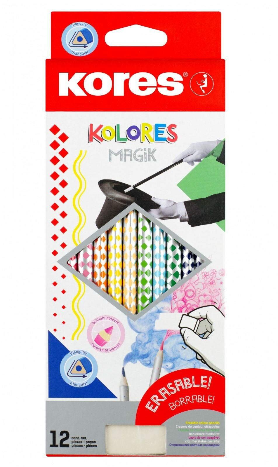 Карандаши цветные Kores 12 цветов, 3-гранные, стираемые Kolores MagiK (93315)