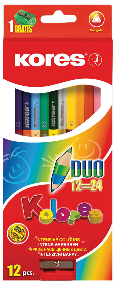 Карандаши цветные Kores 24 цвета, 12 штук, 3-гранные, двусторонние, с точилкой