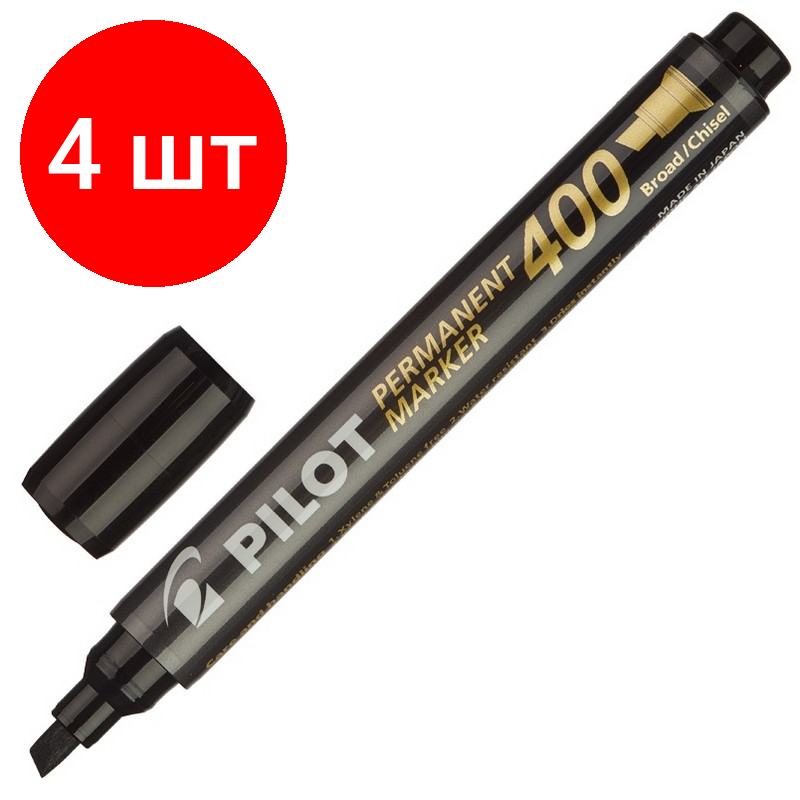 Комплект 4 штук, Маркер перманентный PILOT SCA-400-B черный 1-4мм скошенный наконечник