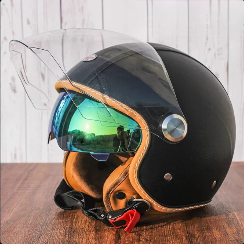 Коричневый кожаный оригинальный DOT ECE 3/4 шлем с открытым лицом MT Capacete мотоциклетный шлем JET скутер велосипед полушлемы Cascos Para Moto L, Black Leather B