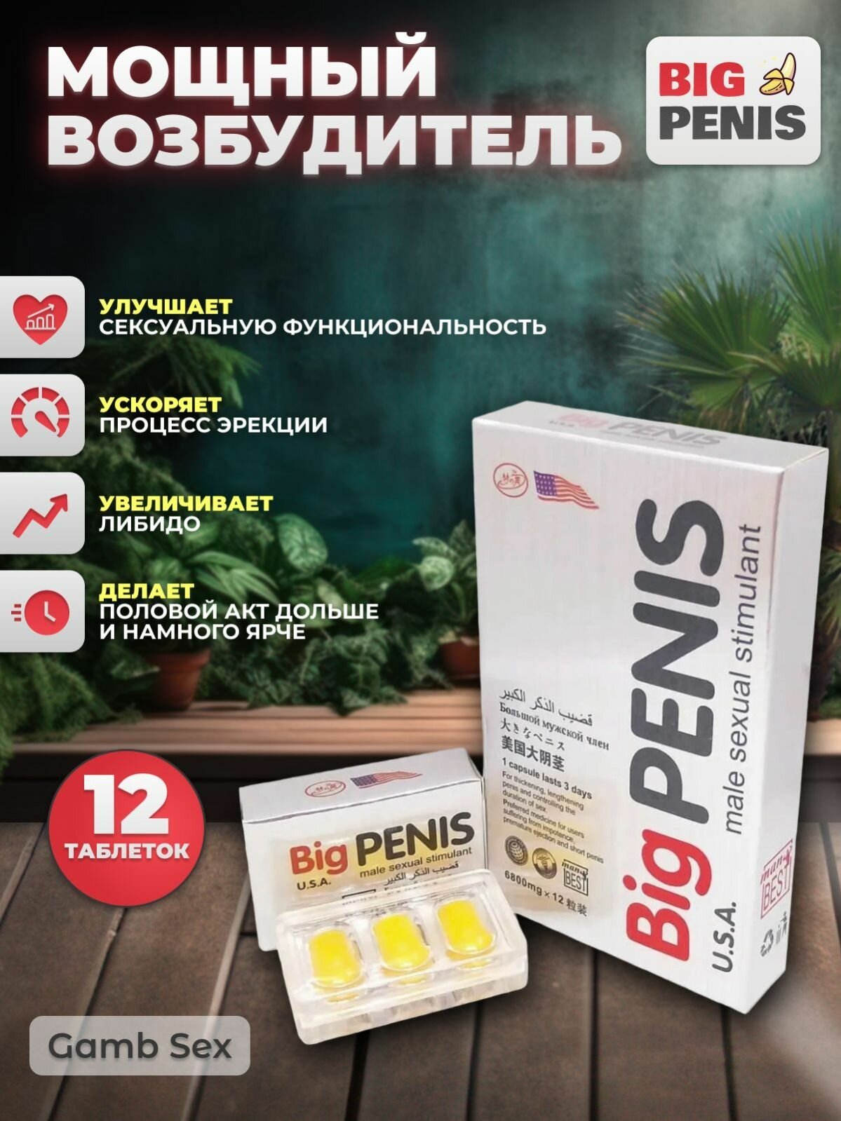 BIG PENIS / Биг Пенис 12шт, Мощный возбудитель для мужчин, для потенции, афродизиак, для секса