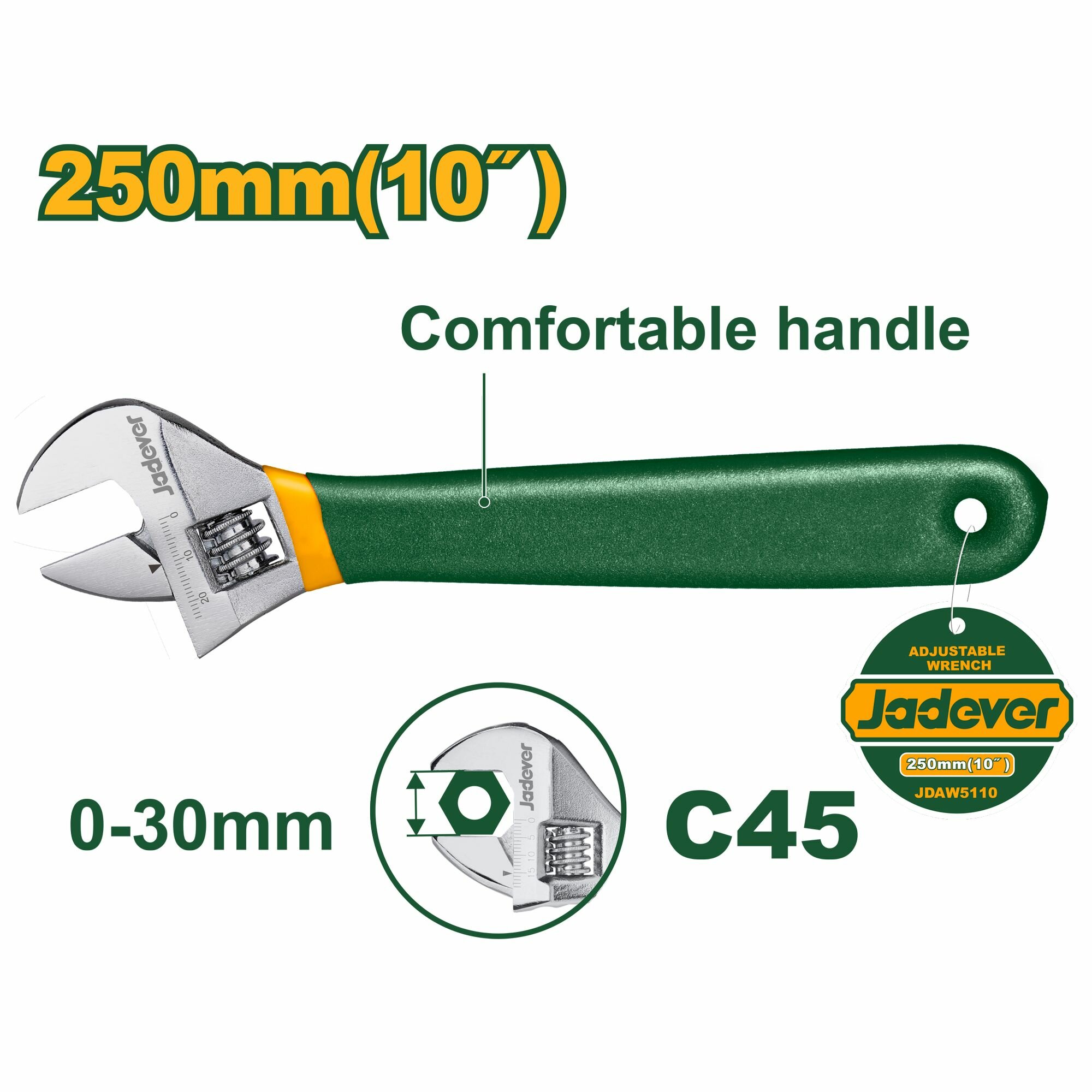 Ключ разводной 250мм (0-30мм) ручка из хромовой окиси JADEVER JDAW5110