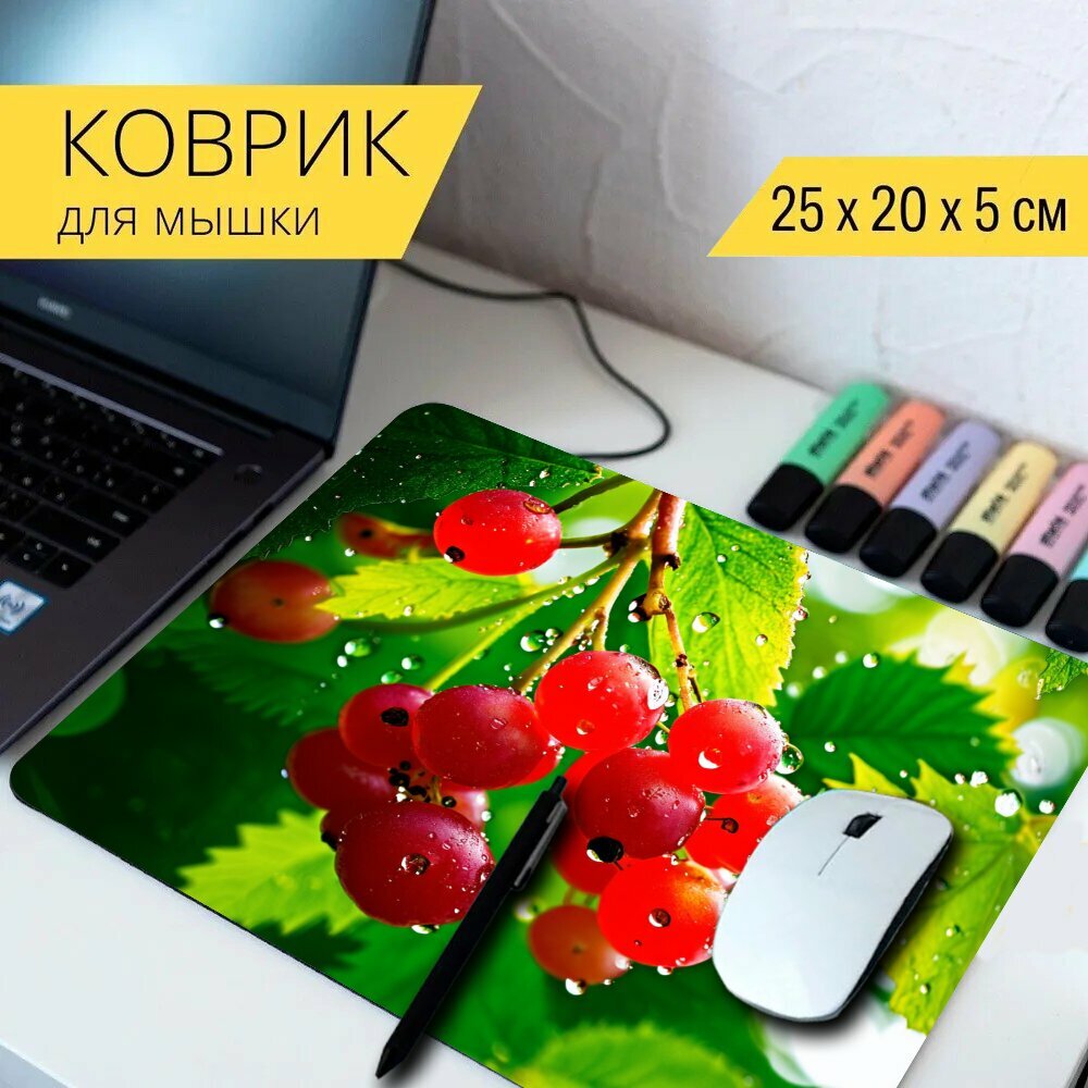 Коврик для мыши с принтом "Крупный план спелых красных смородин, покрытых капельками воды, на фоне зеленых листьев. Освещение мягкое, с солнечными бликами, создающее свежую атмосферу." 25x20см.
